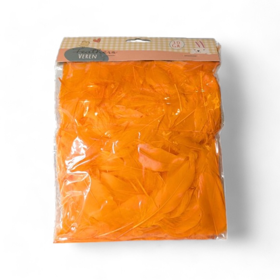 Pose med fjer. ORANGE. Til DIY projekter. 10 gram. - Øster Skovgård